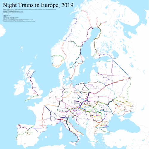 Map of Night Trains in Europe, 2019